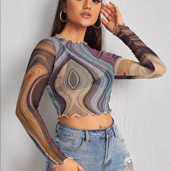 Shein Tops New Shein Ez Wear Marble Lettuce Trim Mesh Top Xl Poshmark